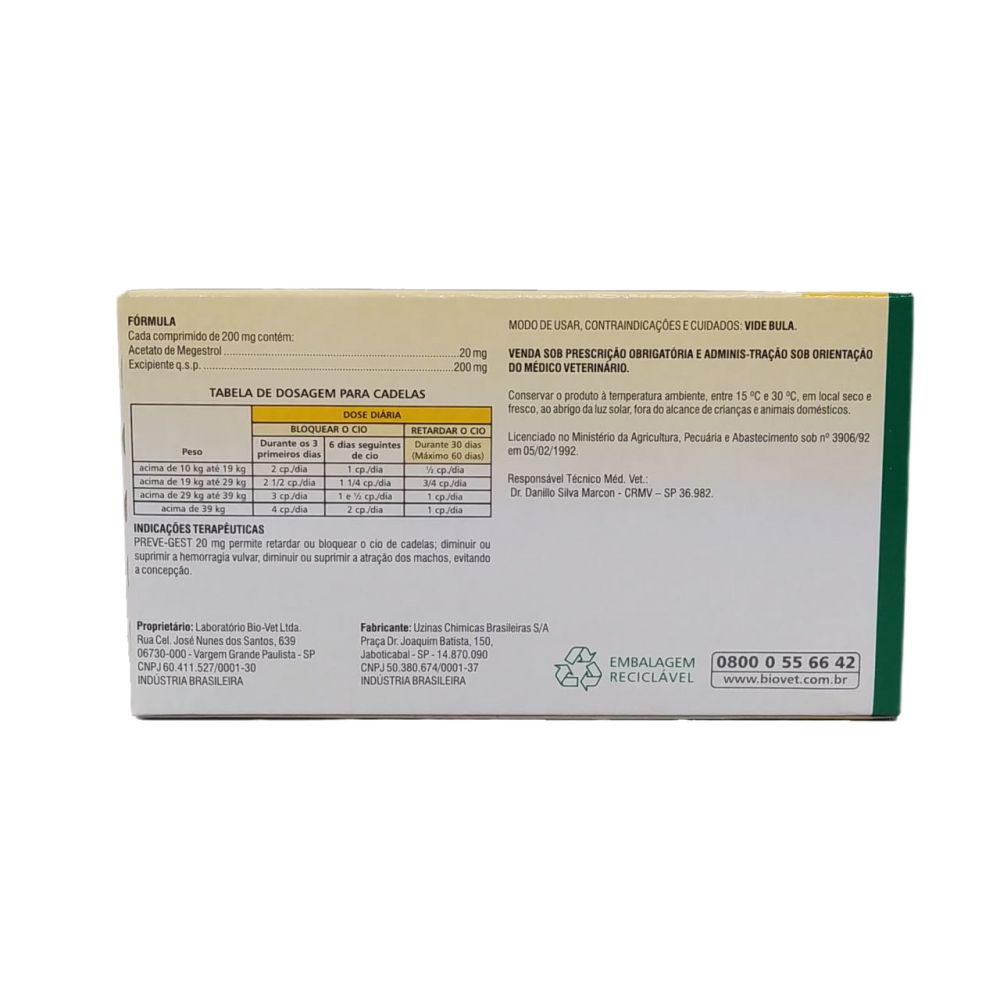 Anticoncepcional Preve Gest Biovet 20mg c/ 12 Comprimidos - parceiropet