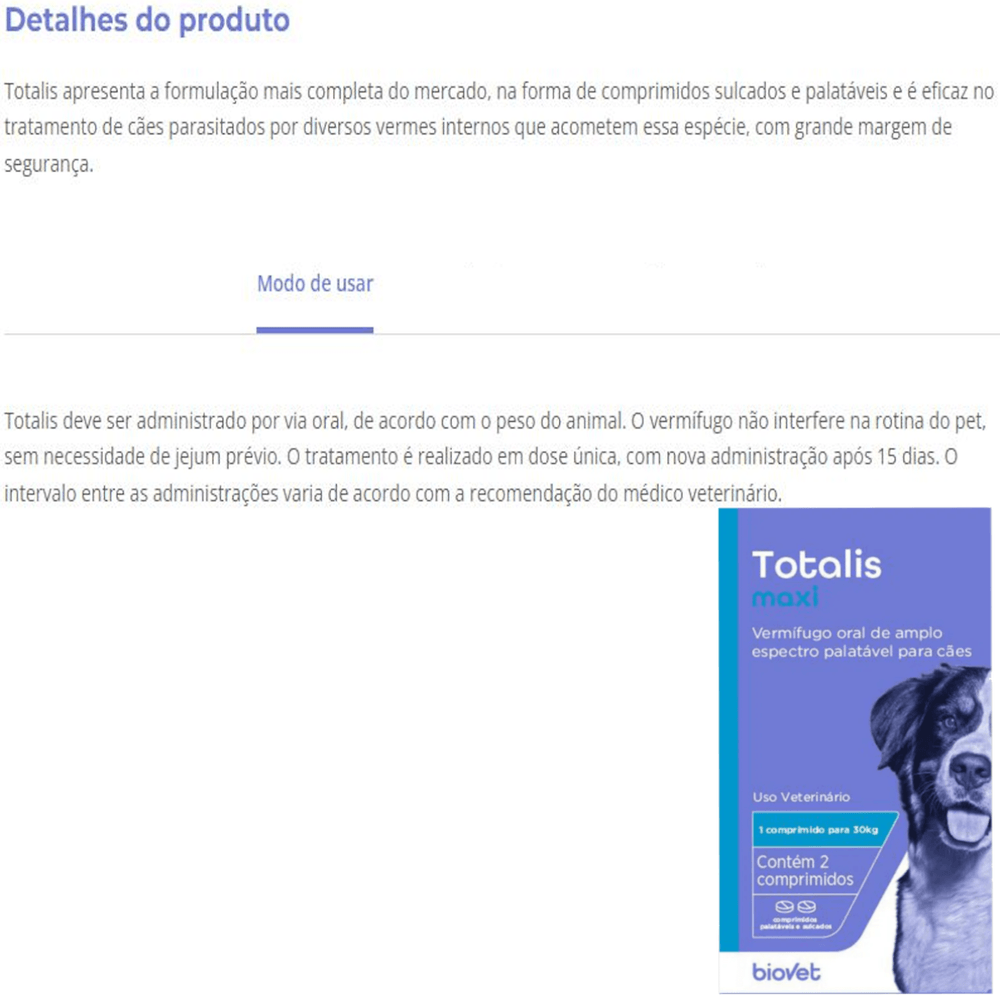 Vermífugo Totalis Maxi para Cães 1,98g C/ 2 comprimidos - Biovet ...