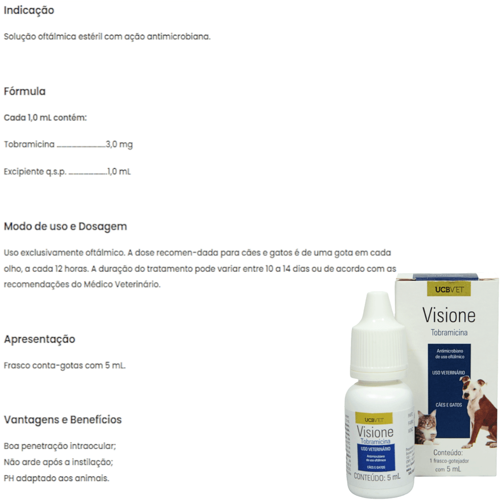 Visione Colírio Tobramicina 5ml Para Cães e Gatos ucbvet - parceiropet